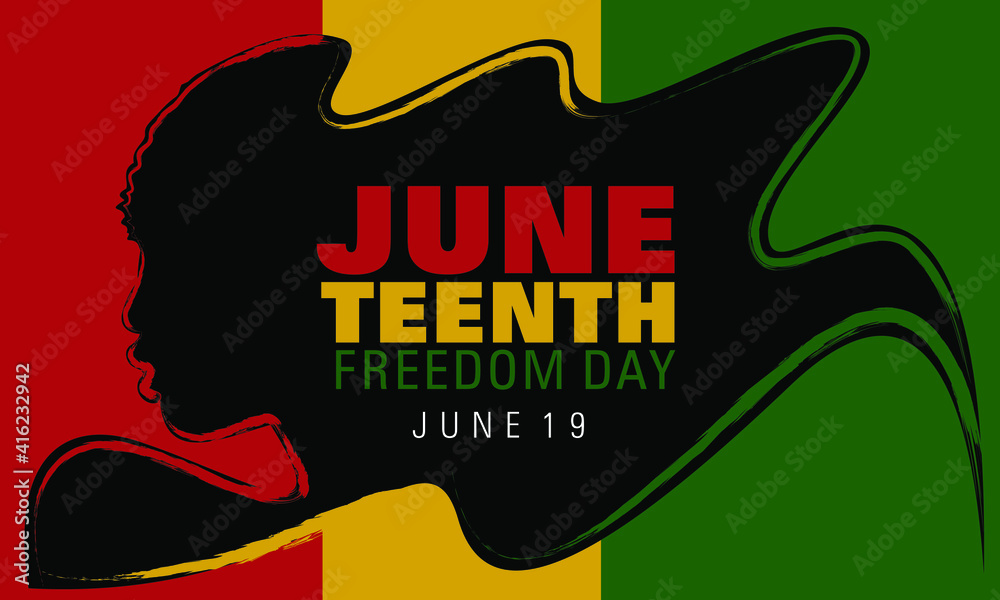 Juneteenth simple typography on a wavy hairstyle of a black figure ...