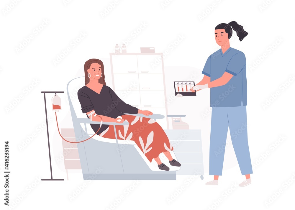 Volunteer sitting in chair in modern medical center and donating blood ...
