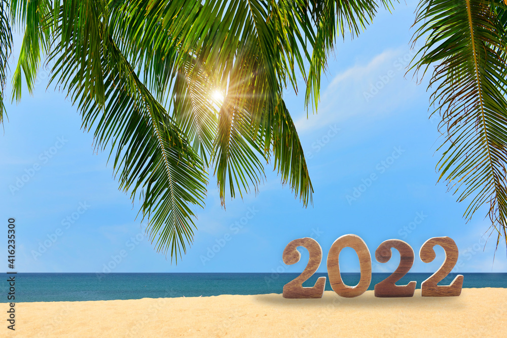New year 2022 with coconut palm leaves on tropical beach with cloudy ...