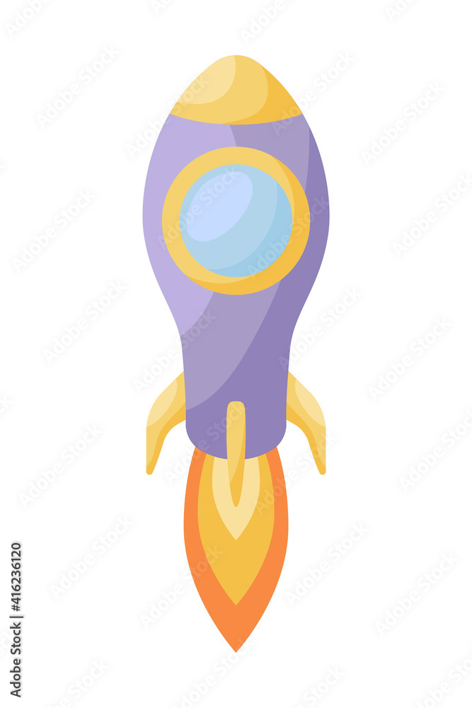 Cute violet rocket with fire on white background. Cartoon transport for kids cards, baby shower ...