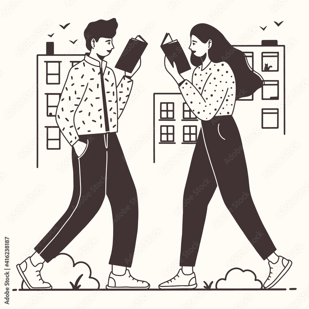 Young people are walking while reading a book. Book lovers, fans of ...