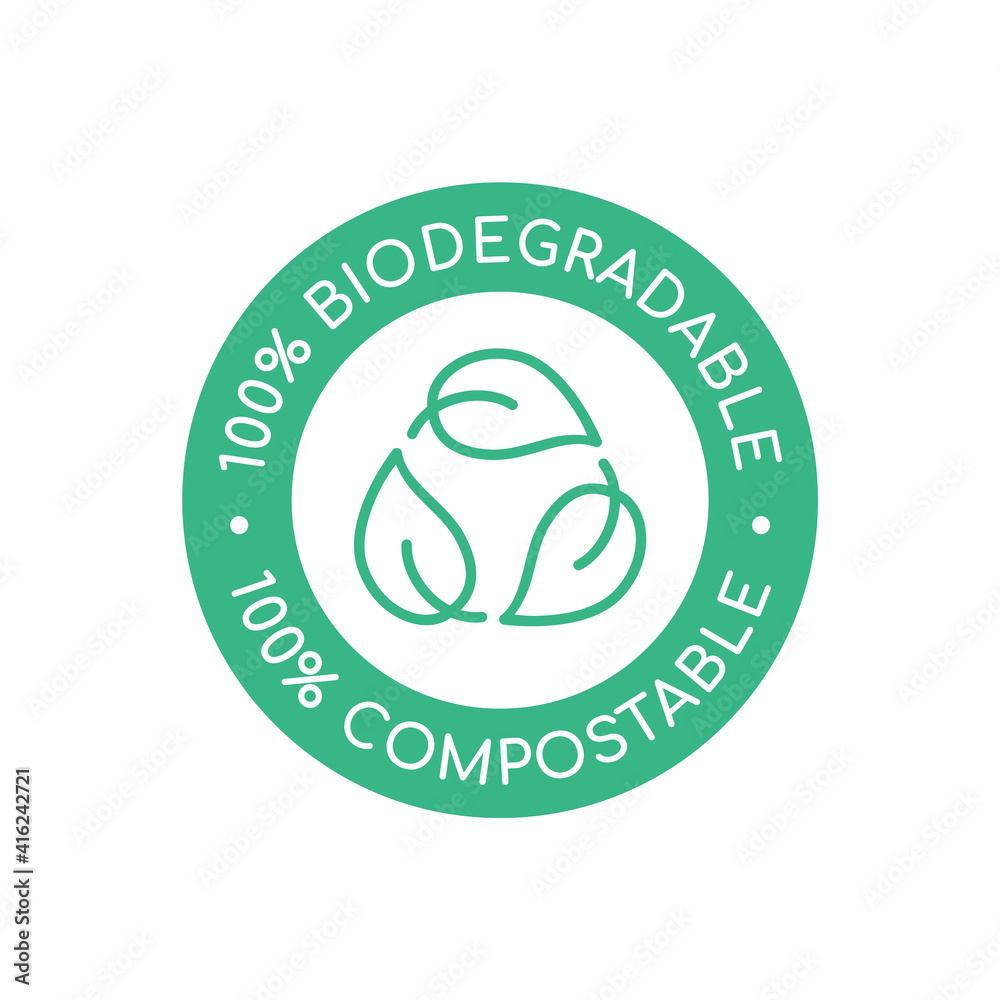 Vecteur Stock 100% biodegradable 100% compostable icon, logo. Green leaves in a circle. Round ...