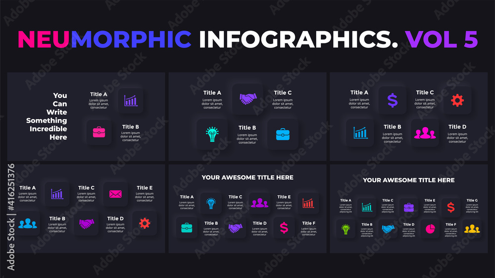 Neumorphic Vector Infographic. Dark squares. Presentation slide ...