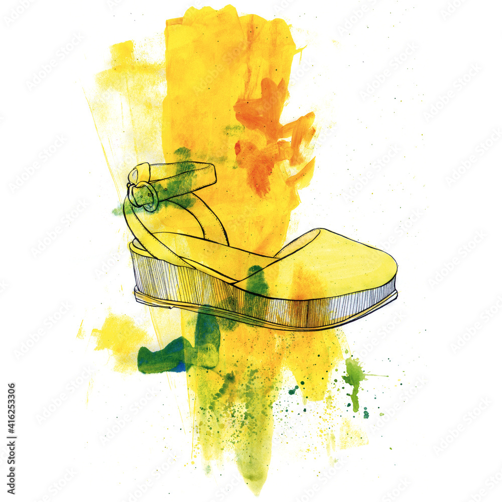 High resolution hand drawn female yellow wedge shoe isolated on white ...