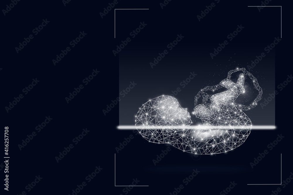 Pregnancy health checking, virtual scaning fetus on dark blue ...
