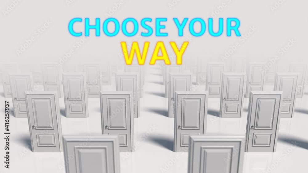 Choose your way. Rows of white wooden closed doors. There are many ways ...