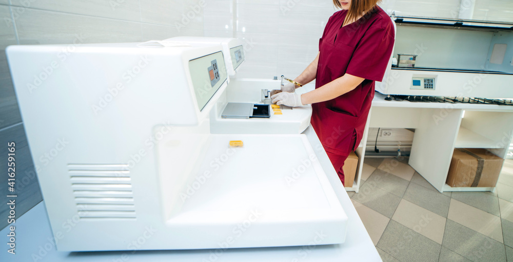 Waxing samples in laboratory, Histological examination (biopsy) Stock ...