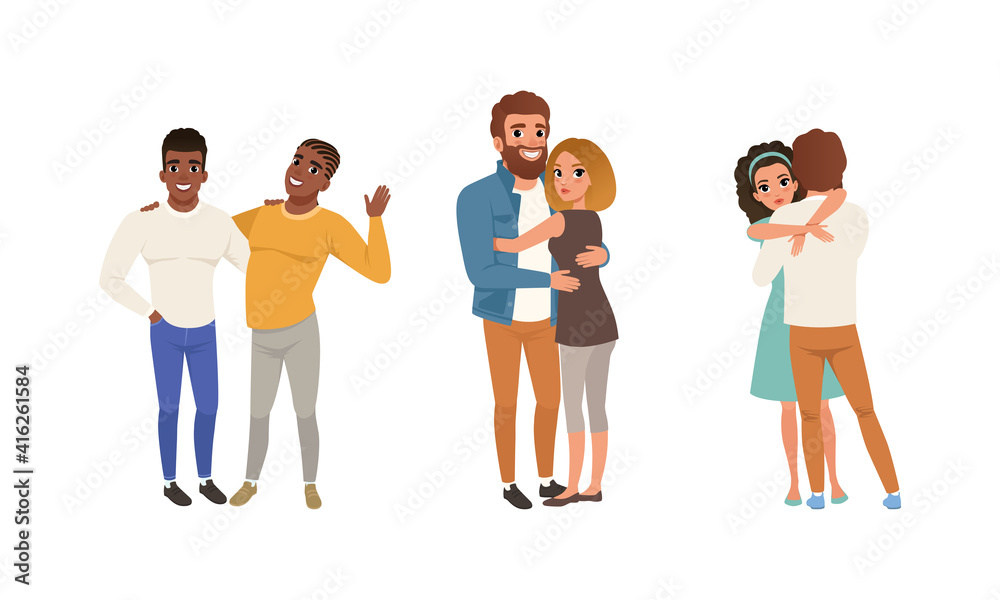 Happy Couples Hugging Set, Romantic Partners or Best Friends Embracing ...