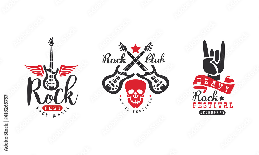 Rock Fest Music Festival Logo Templates Set, Heavy Rock Club Retro ...