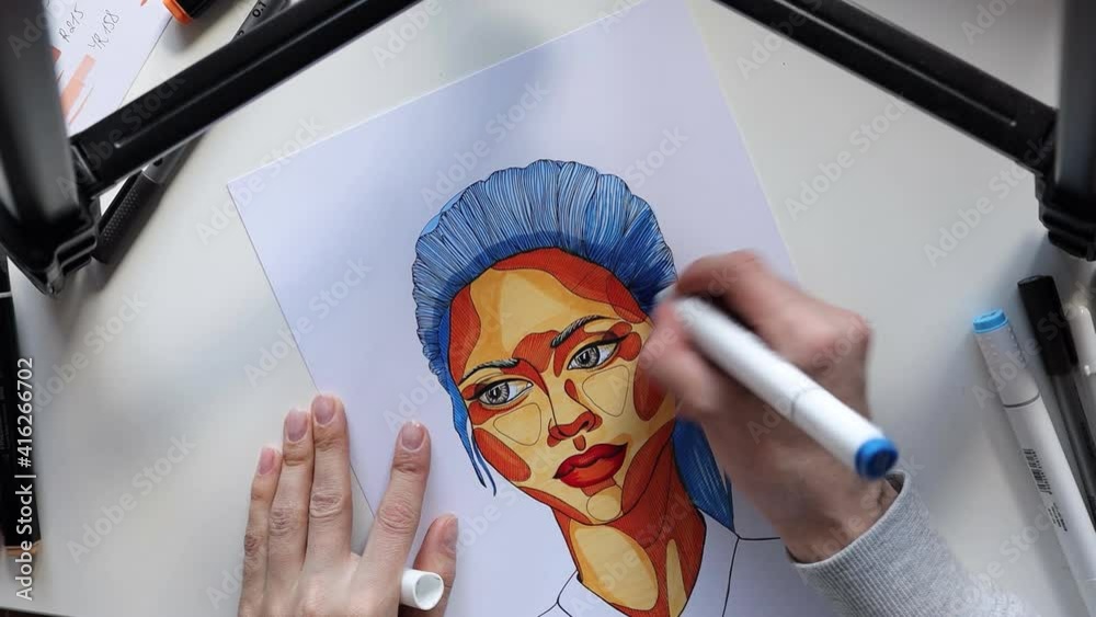 Art of young woman drawing of woman face with blue hair. Artist ...