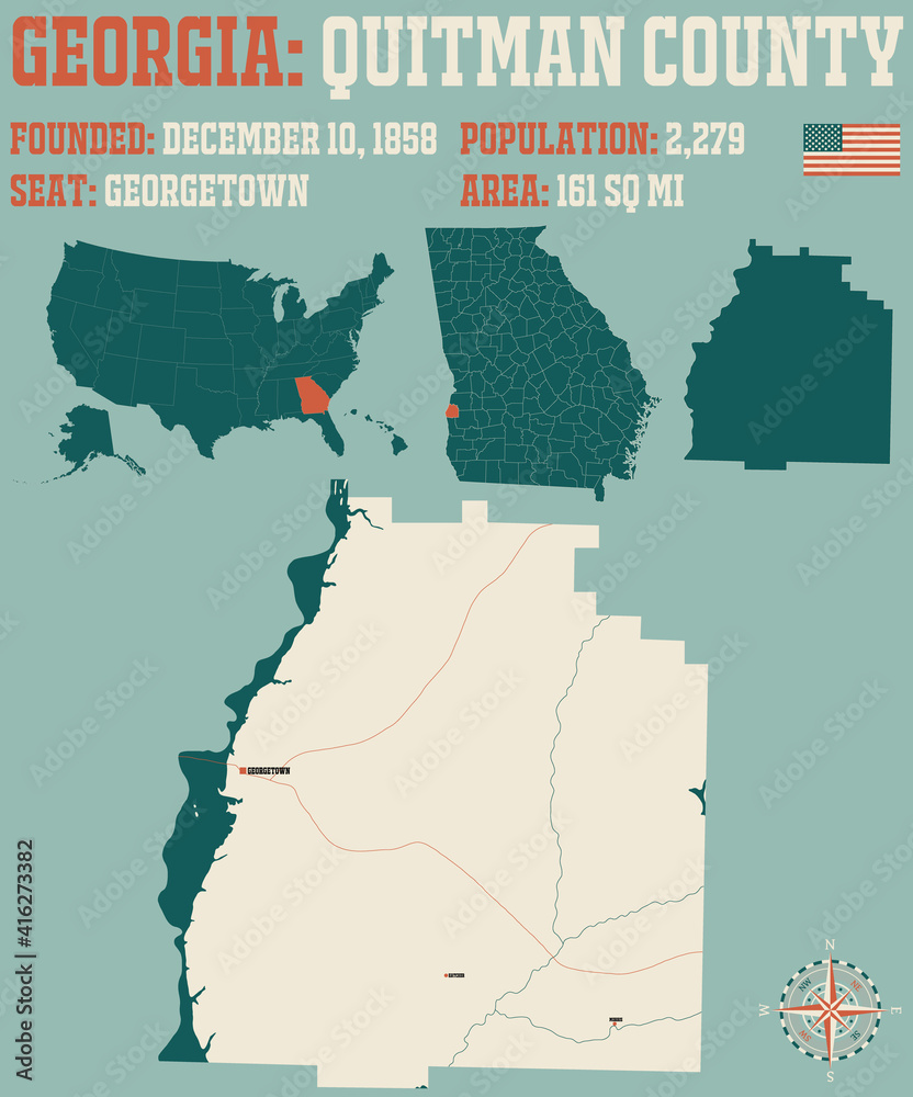 Large and detailed map of Quitman county in Georgia, USA. Stock Vector ...
