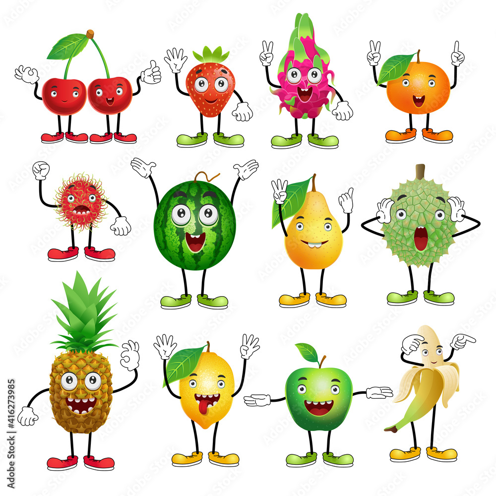 Set of cartoon fruits with hands and legs in sneakers for kids.Cherry ...