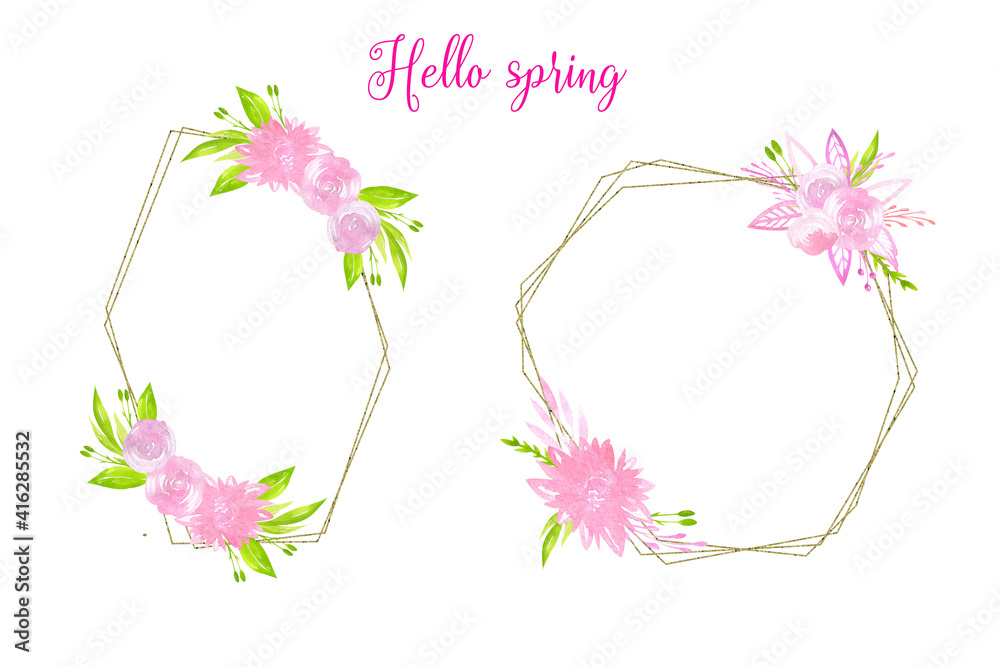 Collection of geometric gold frames with pink flowers Wedding wreath ...