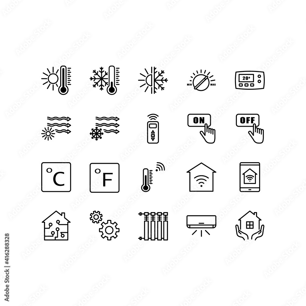 Climate control icon set. Heating, ventilating and air conditioning ...