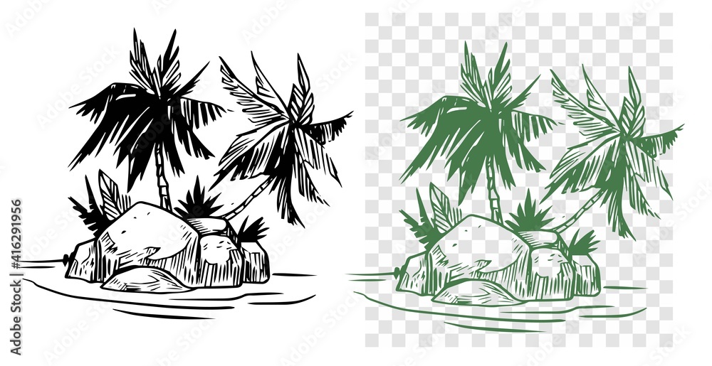 Palm tree island on the sea. Hand drawn black outline on transparent ...