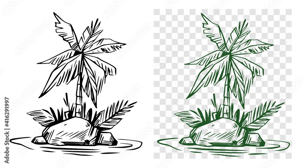 Palm tree island on the sea. Hand drawn black outline on transparent ...