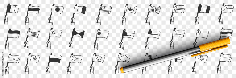 National Flags of countries doodle set. Collection of hand drawn flags ...