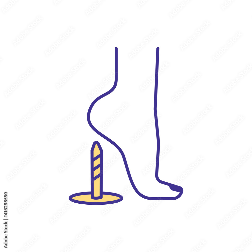 Stepping on nail RGB color icon. Joint and bone infection. Puncture ... Stepping on nail RGB color icon. Joint and bone infection. Puncture ...