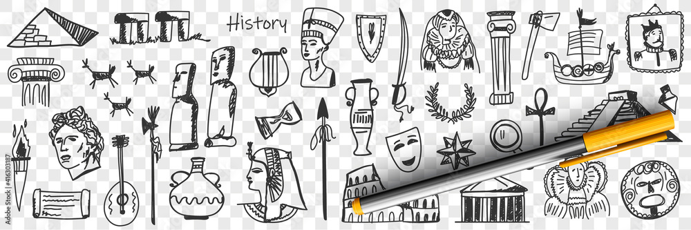 Symbols of history doodle set. Collection of hand drawn ancient ...