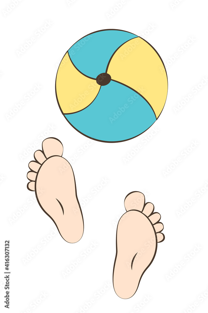 Little children's legs dig an inflatable ball. The kid is playing ...