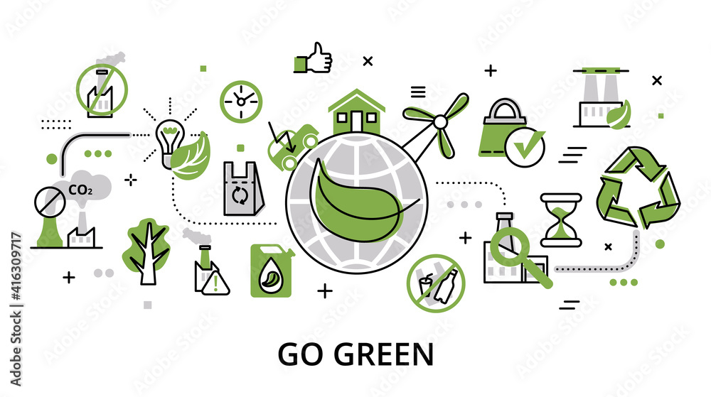 Go Green, ecology concept, flat line design vector illustration Stock ...