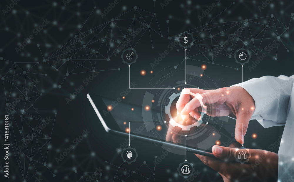 Process business management concept. Businessman touch on a tablet and ...