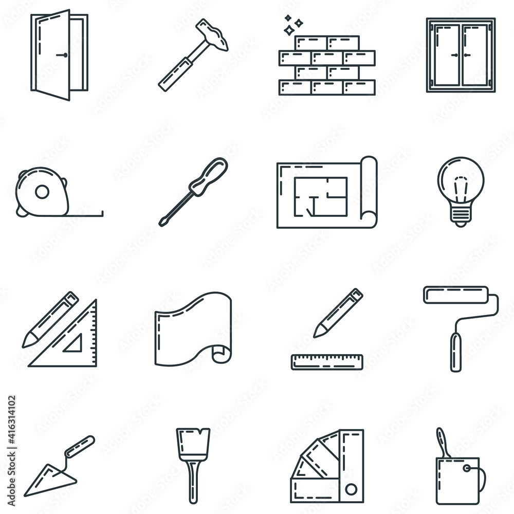 Big set of repair design house 16 icon, concept renovation tool stuff ...
