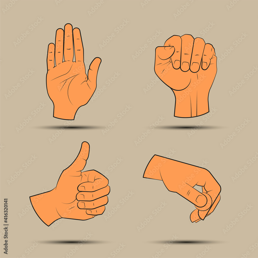Collection human hand various gestures. Line sketch thumbs up knuckles ...