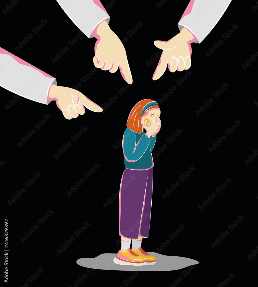 Crying girl surrounded by pointing hands of bullies. Illustration of a ...