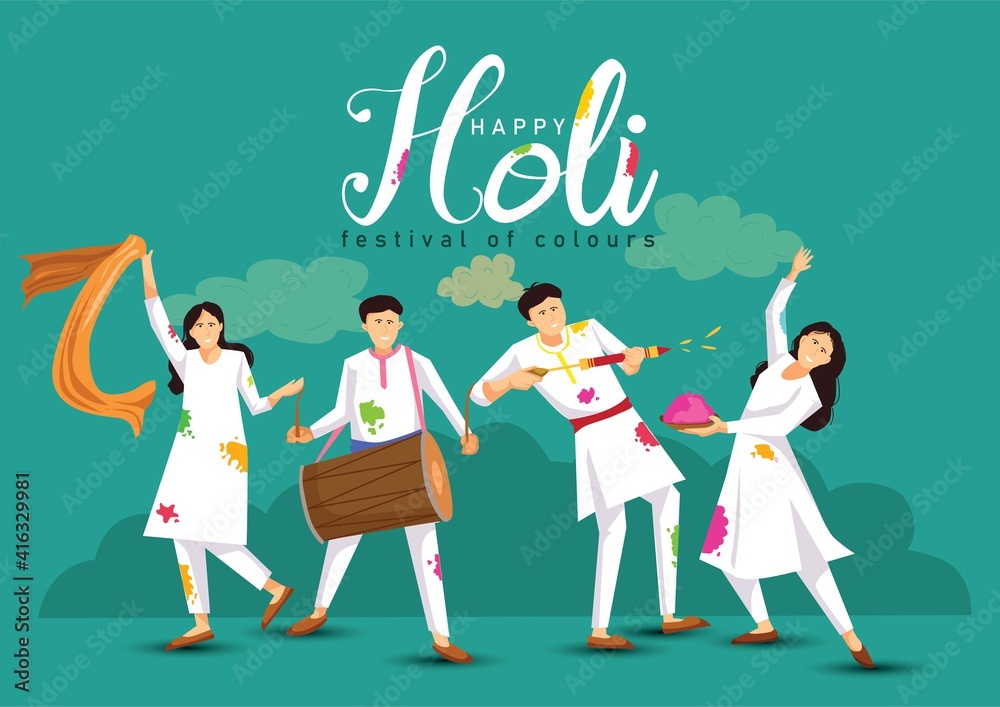 happy Holi. Cartoon Young people Playing Holi On White costume . vector ...