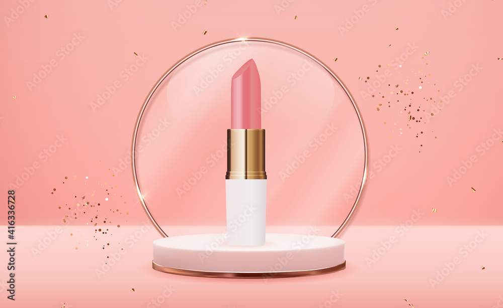 3D Realistic Lipstick on Pink Podium with Glass Frame Design Template ...