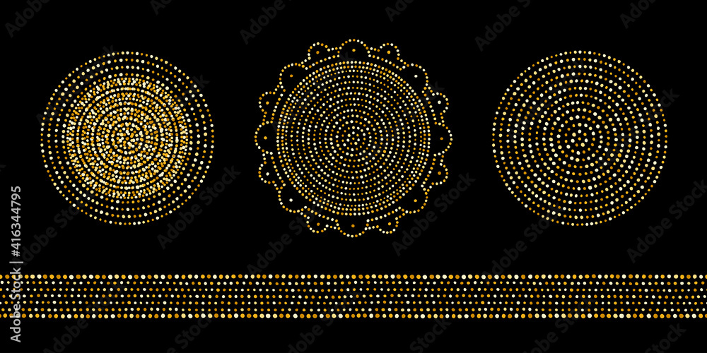 Round golden dot frames set. Circle shapes made of gold foil spangles ...