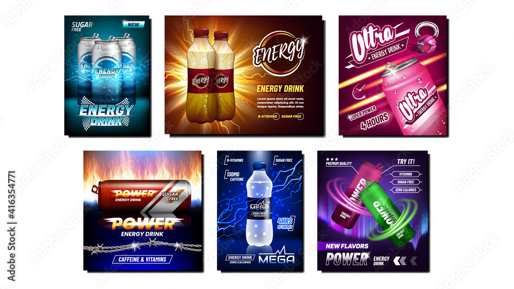 Energy Drink Creative Promotion Posters Set Vector. Power Drink Blank ...