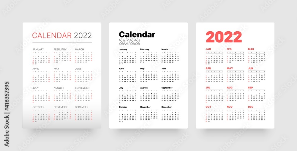 Calendar template for 2022 year. Week Starts on Sunday. Stock Vector ...