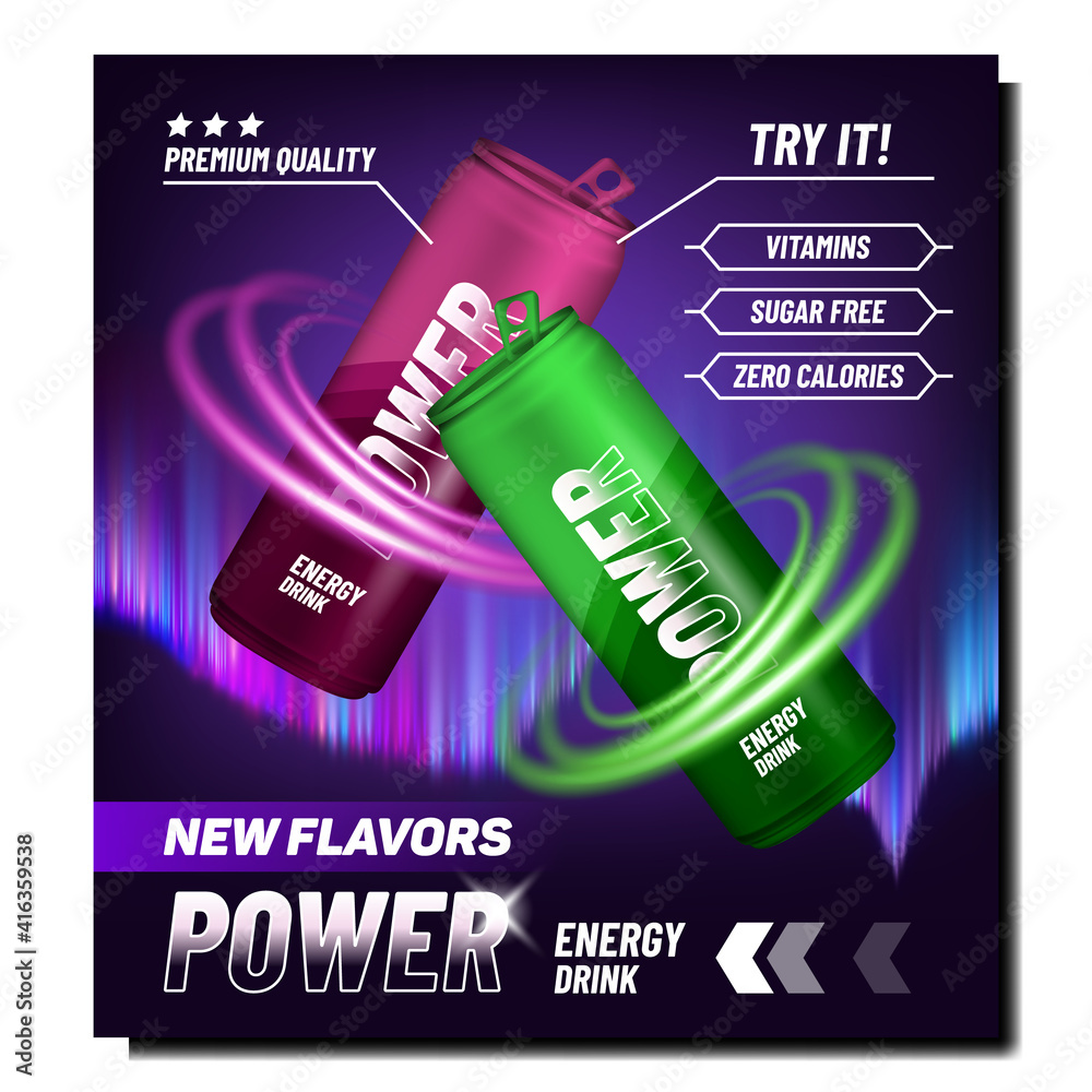 New Flavors Power Drink Promotional Banner Vector. Power Energy Drink ...