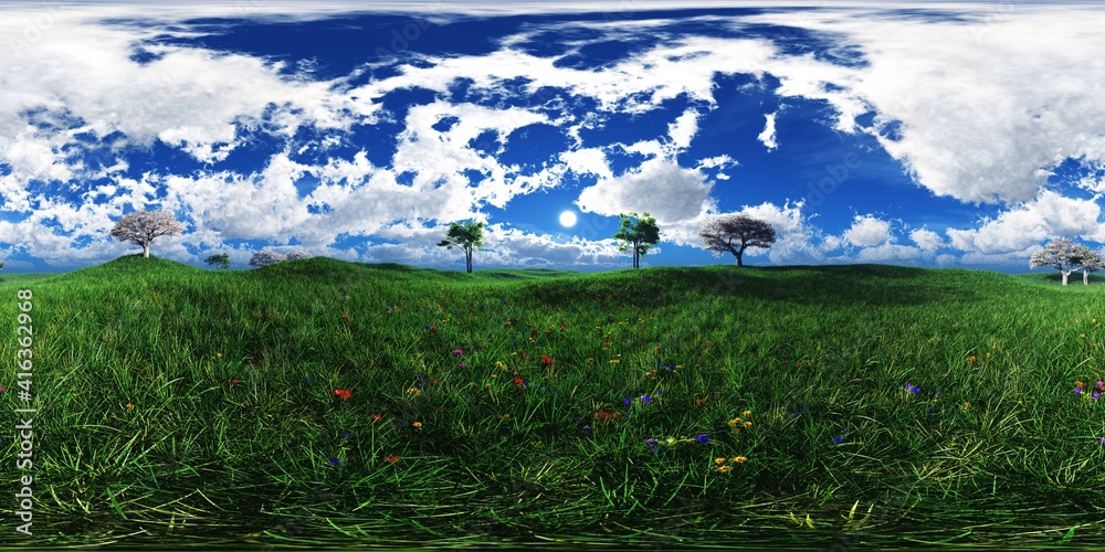 Spring meadow with flowers,, HDRI, environment map , Round panorama ...