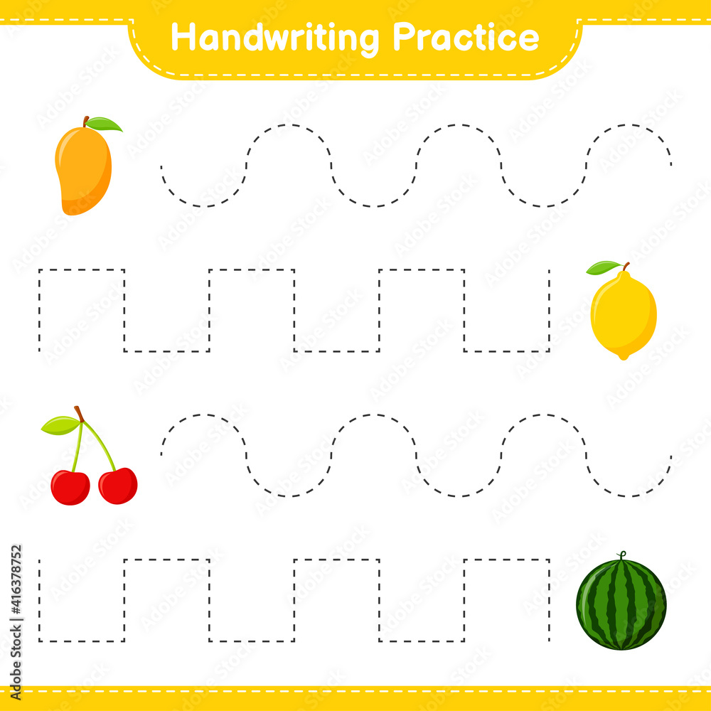 Handwriting practice. Tracing lines of Fruits. Educational children ...