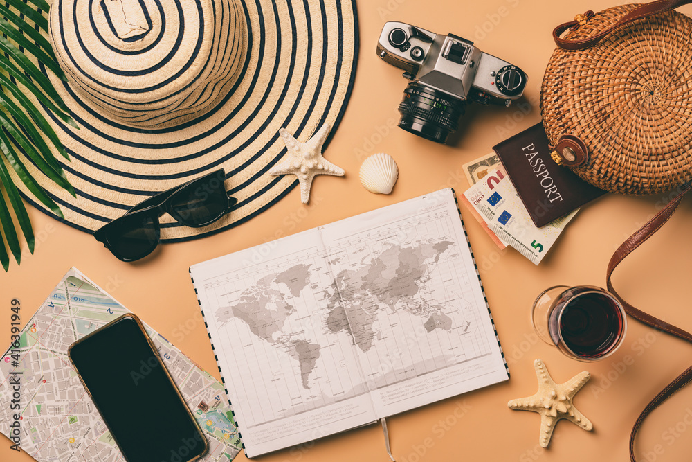 Top view travel concept with retro camera films, map and passport on ...