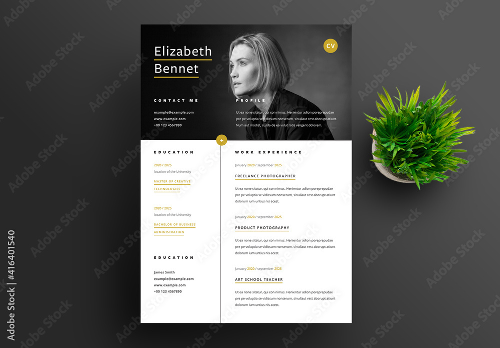 Resume Layout with Black and Gold Accents Stock Template | Adobe Stock