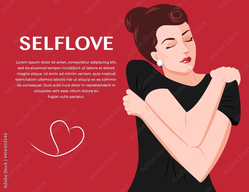 Cute girl holding hugging herself. Self care, body positive concept ...