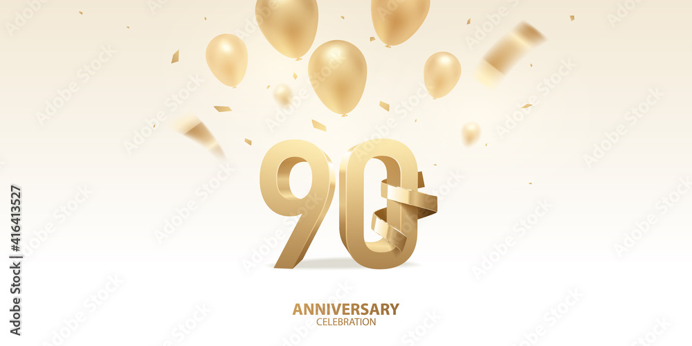 90th Anniversary celebration background. 3D Golden numbers with golden ...