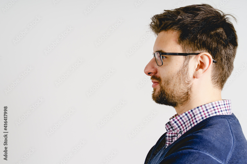 Side view portrait of adult caucasian man 30 years old looking to the ...