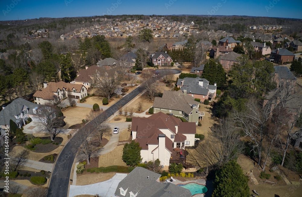 Aerial panoramic view of house cluster in an upscale sub division with ...