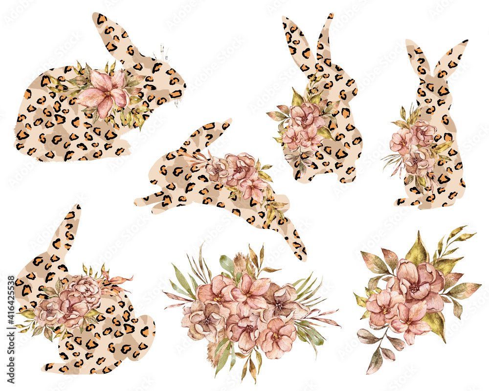 Watercolor leopard Easter floral bunny ears clipart on white background ...