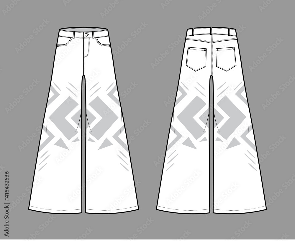 Phat Pants Denim Jeans technical fashion illustration with full length ...