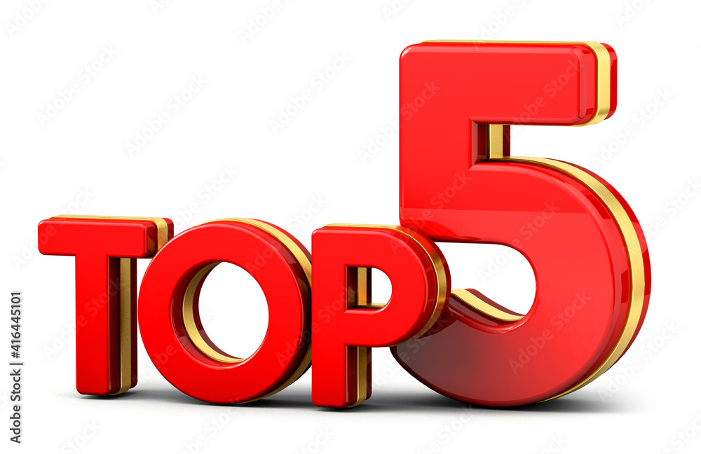 Top five. 3d Top 5 red and golden text isolated on white background. 3d ...