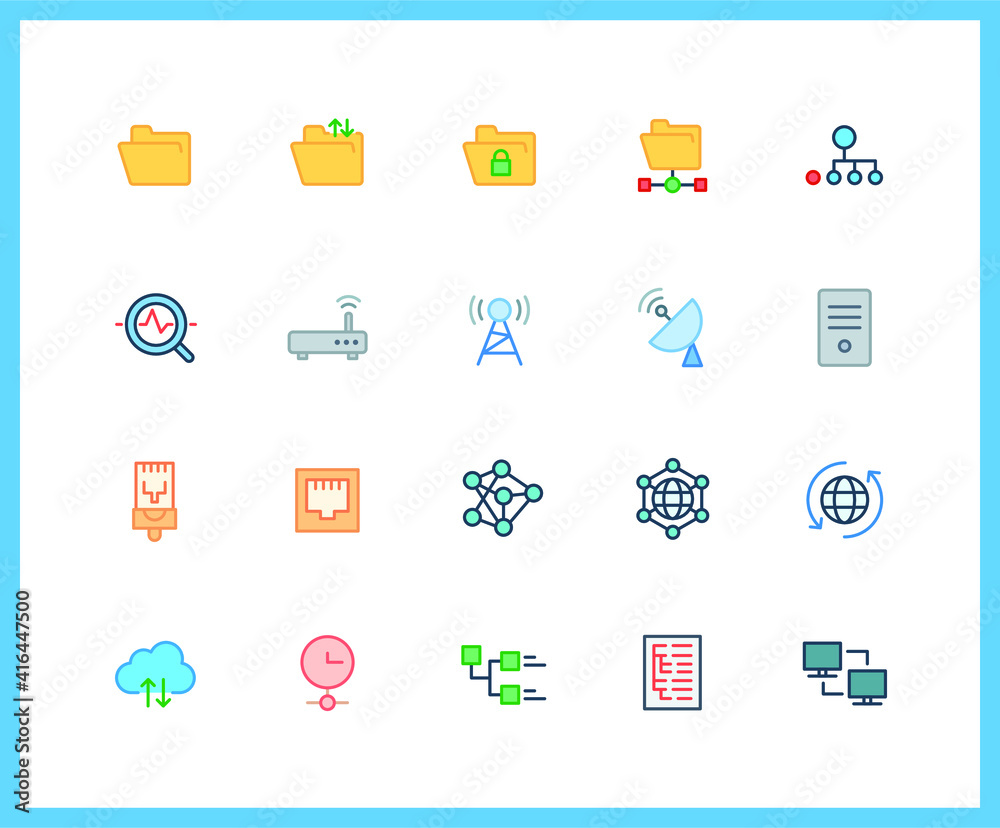 Network color icons. Folder, Check, File , Internet. Set of Cloud ...