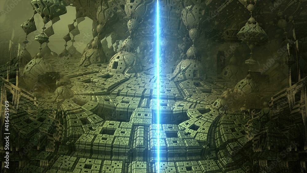 Computer generated 3d illustration of an space door opening to green ...