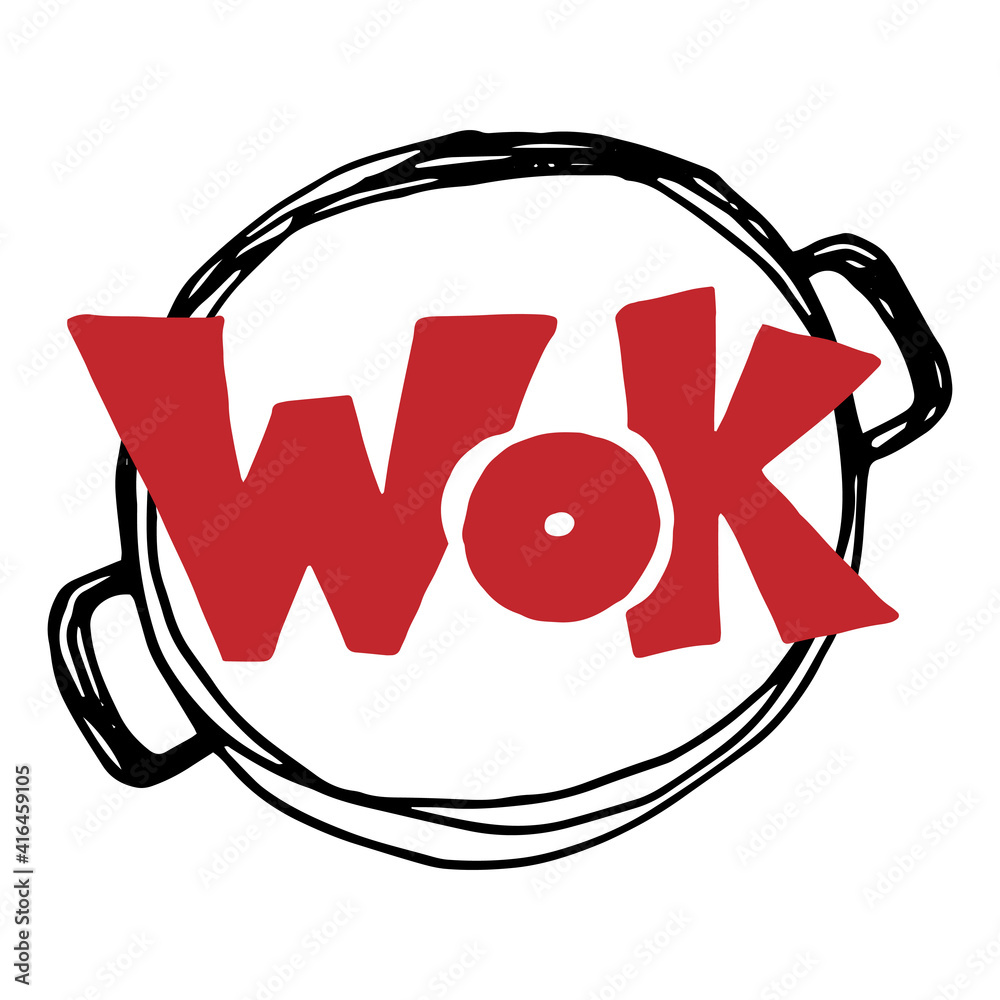 Wok logo typography text design in pan. Grunge lettering illustration ...