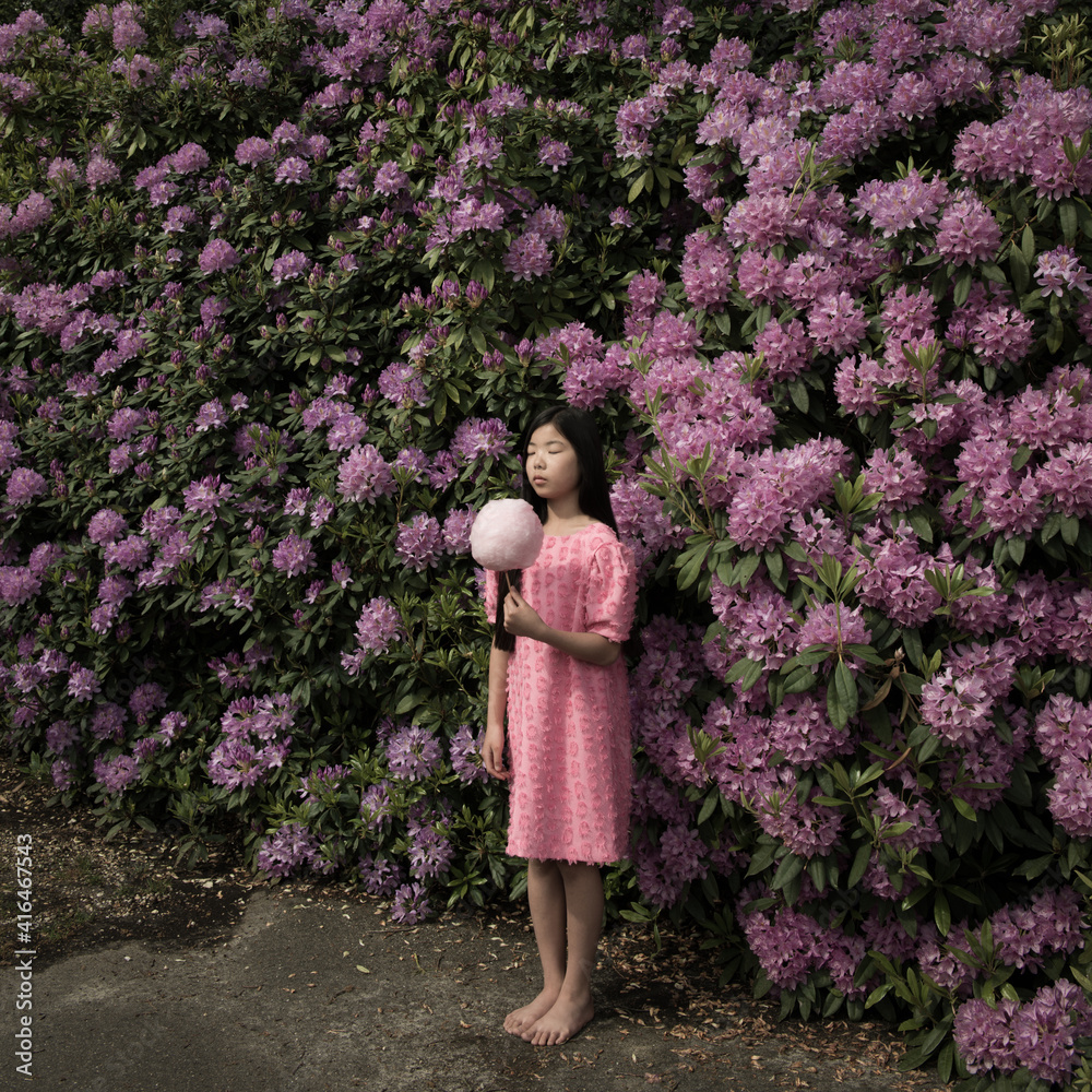 Girl in pink dress holding a cotton candy standing in front of a giant ...